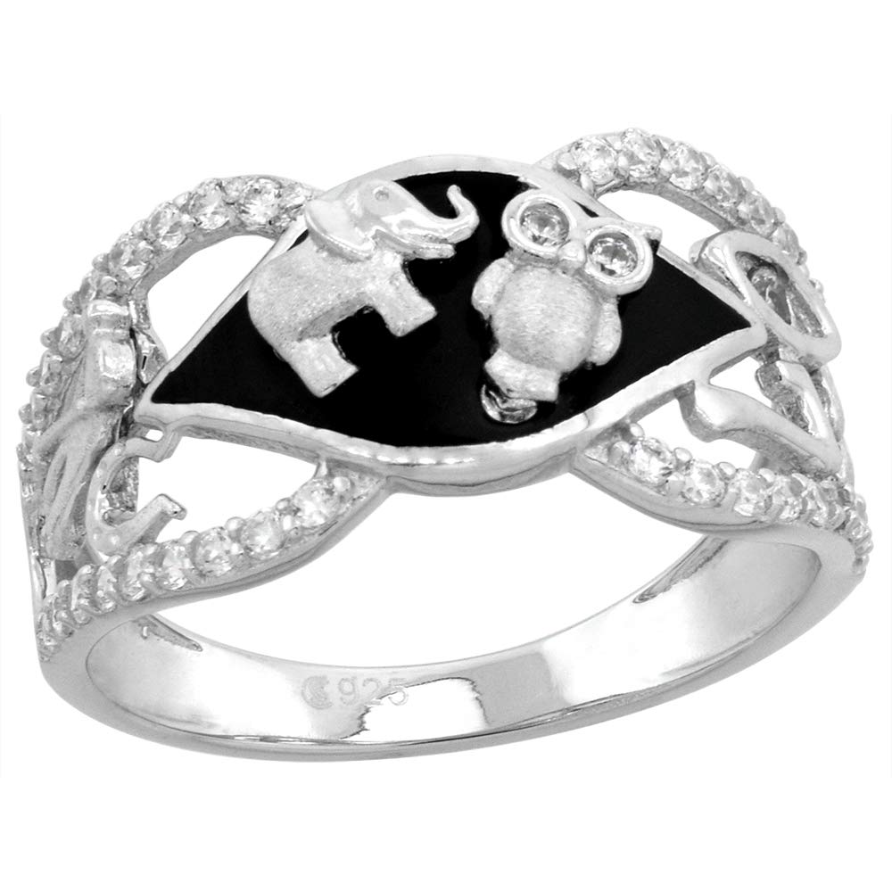 Sterling Silver Micropave CZ Onyx Lucky Charms Ring Evil Eye Elephant Owl no. 7 Clover Rhodium Finish size 9