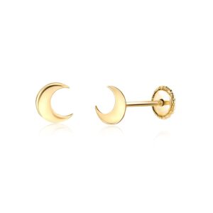 14k yellow gold tiny moon earrings stud shiny polished safety screwback covered back closure