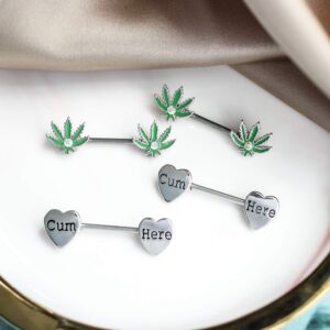 CHARM ONLINE 4 Pcs 14G Marijuana Leaf Nipple Rings Surgical Steel and Letter Letter Set Nipple Barbell for Women Men Body Piercing