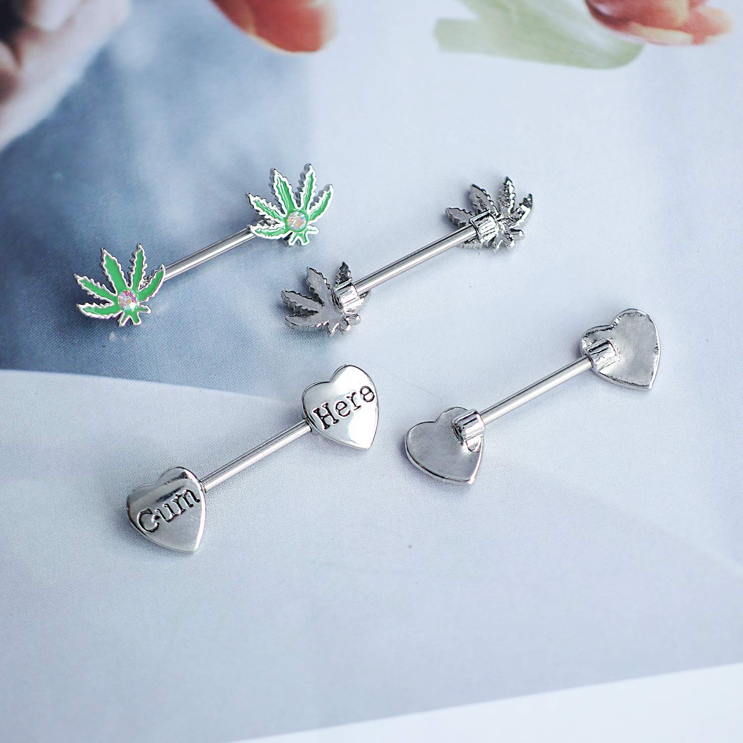 CHARM ONLINE 4 Pcs 14G Marijuana Leaf Nipple Rings Surgical Steel and Letter Letter Set Nipple Barbell for Women Men Body Piercing