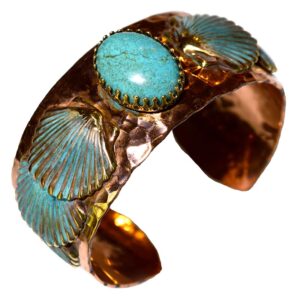 elaine coyne collectible artwear forged copper and patina brass neo-oceania overlapping scallop shells cuff - nevada turquoise