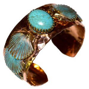 Elaine Coyne Collectible Artwear Forged Copper and Patina Brass Neo-Oceania Overlapping Scallop Shells Cuff - Nevada Turquoise