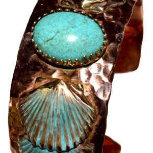 Elaine Coyne Collectible Artwear Forged Copper and Patina Brass Neo-Oceania Overlapping Scallop Shells Cuff - Nevada Turquoise