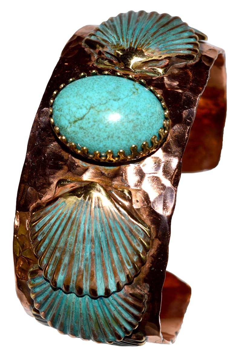 Elaine Coyne Collectible Artwear Forged Copper and Patina Brass Neo-Oceania Overlapping Scallop Shells Cuff - Nevada Turquoise