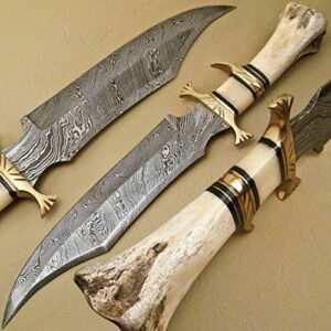 custom hand made forged damascus steel hunting bowie knife fixed blade leather handle camel bone with leather sheath full tang 967