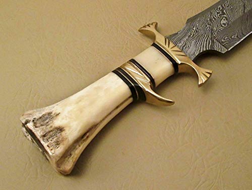 Custom Hand Made Forged Damascus Steel Hunting Bowie Knife Fixed Blade Leather Handle Camel Bone With Leather Sheath Full Tang 967