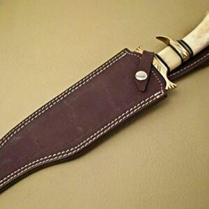 Custom Hand Made Forged Damascus Steel Hunting Bowie Knife Fixed Blade Leather Handle Camel Bone With Leather Sheath Full Tang 967