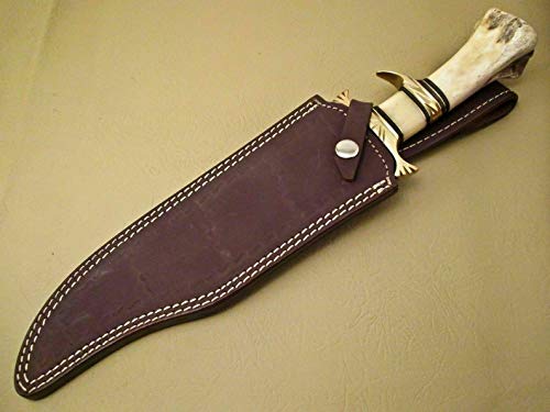 Custom Hand Made Forged Damascus Steel Hunting Bowie Knife Fixed Blade Leather Handle Camel Bone With Leather Sheath Full Tang 967