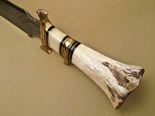 Custom Hand Made Forged Damascus Steel Hunting Bowie Knife Fixed Blade Leather Handle Camel Bone With Leather Sheath Full Tang 967