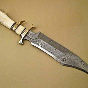 Custom Hand Made Forged Damascus Steel Hunting Bowie Knife Fixed Blade Leather Handle Camel Bone With Leather Sheath Full Tang 967