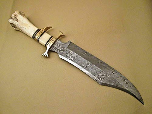 Custom Hand Made Forged Damascus Steel Hunting Bowie Knife Fixed Blade Leather Handle Camel Bone With Leather Sheath Full Tang 967