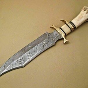 Custom Hand Made Forged Damascus Steel Hunting Bowie Knife Fixed Blade Leather Handle Camel Bone With Leather Sheath Full Tang 967