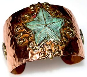 elaine coyne collectible artwear forged copper and patina brass neo-oceania starfish on filigree with scallop shells dynamic cuff