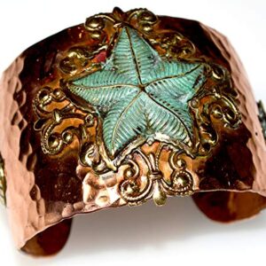 Elaine Coyne Collectible Artwear Forged Copper and Patina Brass Neo-Oceania Starfish on Filigree with Scallop Shells Dynamic Cuff