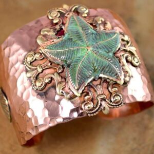 Elaine Coyne Collectible Artwear Forged Copper and Patina Brass Neo-Oceania Starfish on Filigree with Scallop Shells Dynamic Cuff