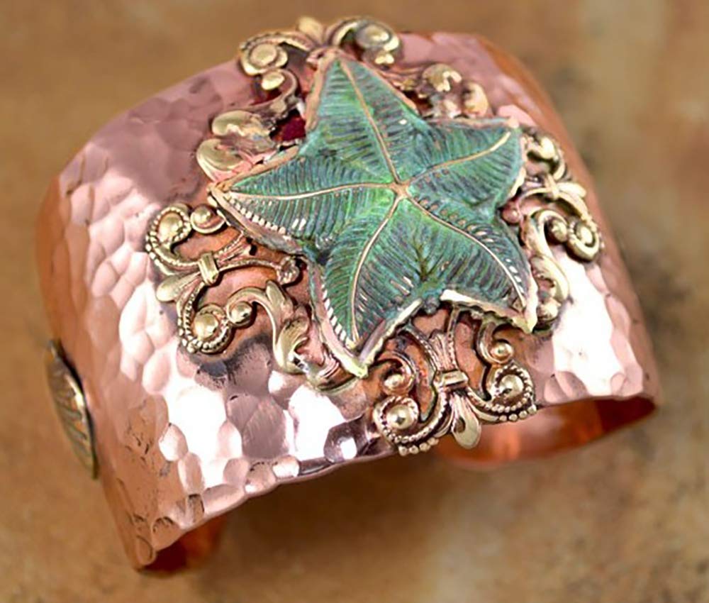 Elaine Coyne Collectible Artwear Forged Copper and Patina Brass Neo-Oceania Starfish on Filigree with Scallop Shells Dynamic Cuff