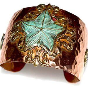 Elaine Coyne Collectible Artwear Forged Copper and Patina Brass Neo-Oceania Starfish on Filigree with Scallop Shells Dynamic Cuff