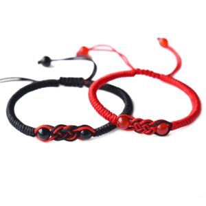 menglina men women hand-woven chinese knot black and red rope couple bracelets natural agate stone beads braided lucky feng shui bracelet love jewelry (set)