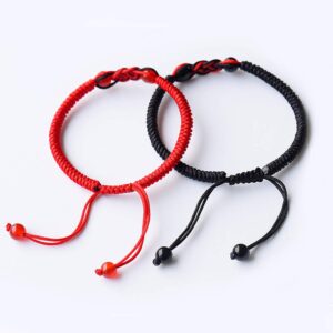 MENGLINA Men Women Hand-woven Chinese Knot Black and Red Rope Couple Bracelets Natural Agate Stone Beads Braided Lucky Feng Shui Bracelet Love Jewelry (Set)