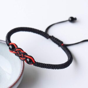 MENGLINA Men Women Hand-woven Chinese Knot Black and Red Rope Couple Bracelets Natural Agate Stone Beads Braided Lucky Feng Shui Bracelet Love Jewelry (Set)