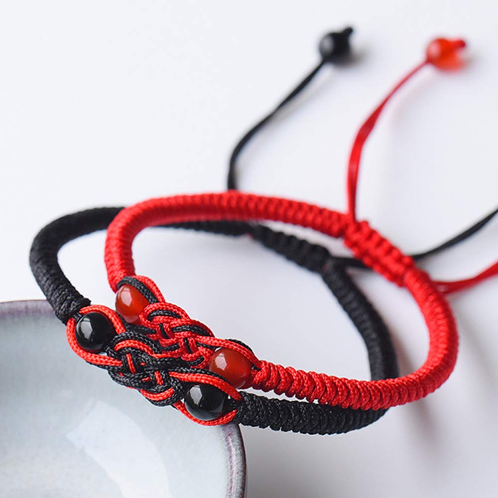 MENGLINA Men Women Hand-woven Chinese Knot Black and Red Rope Couple Bracelets Natural Agate Stone Beads Braided Lucky Feng Shui Bracelet Love Jewelry (Set)