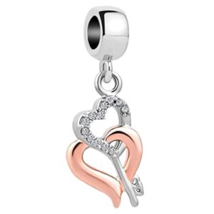 panqueen rose gold heart love key charm dangle bead for european pandora bracelets