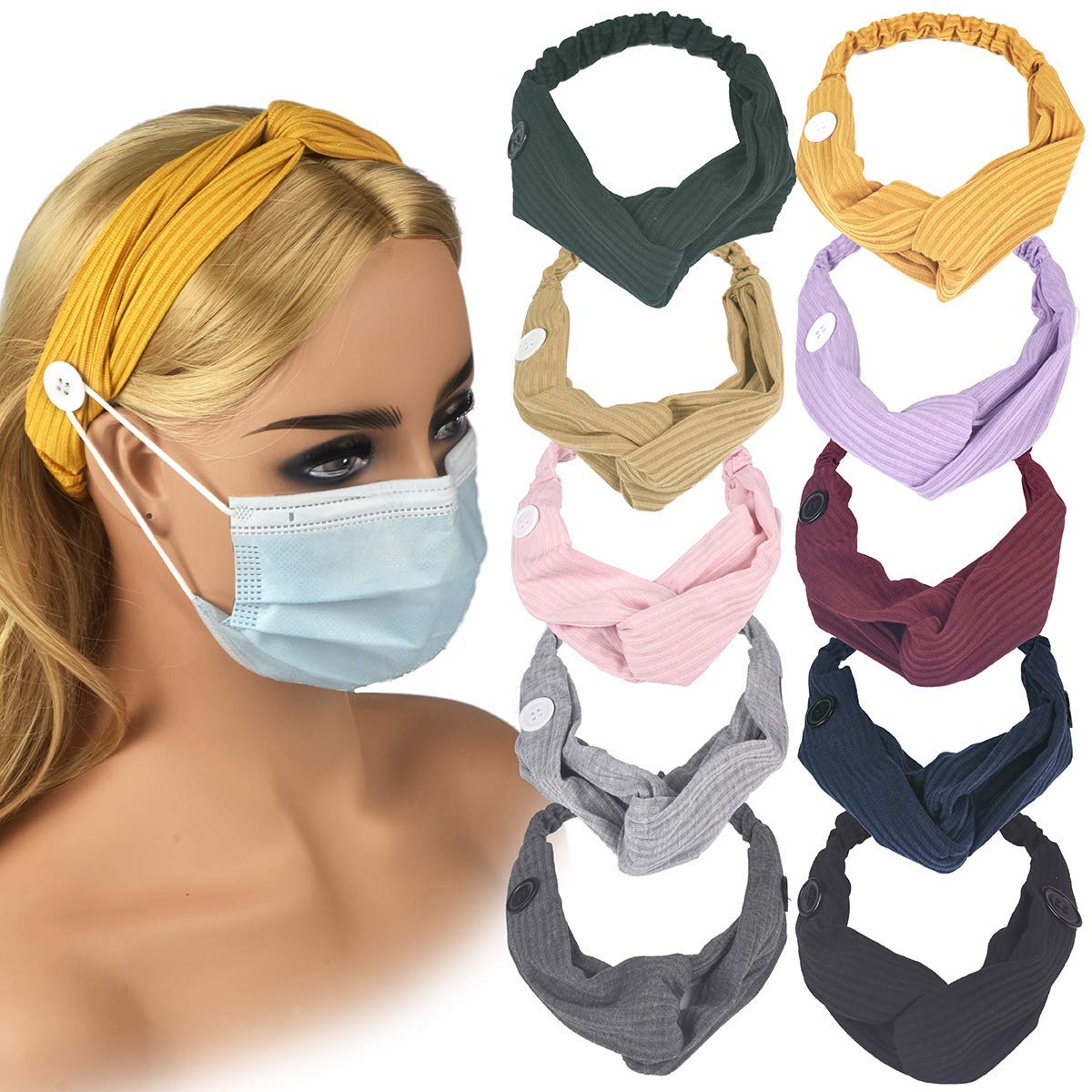 Bevisun 10 PCS Headband with Buttons for Face Mask, Headbands for Women Knotted Boho Stretchy Hair Bands, Lightweight Elastic Exercise Headband for Nurses Doctors and Women for Protect Your Ears.