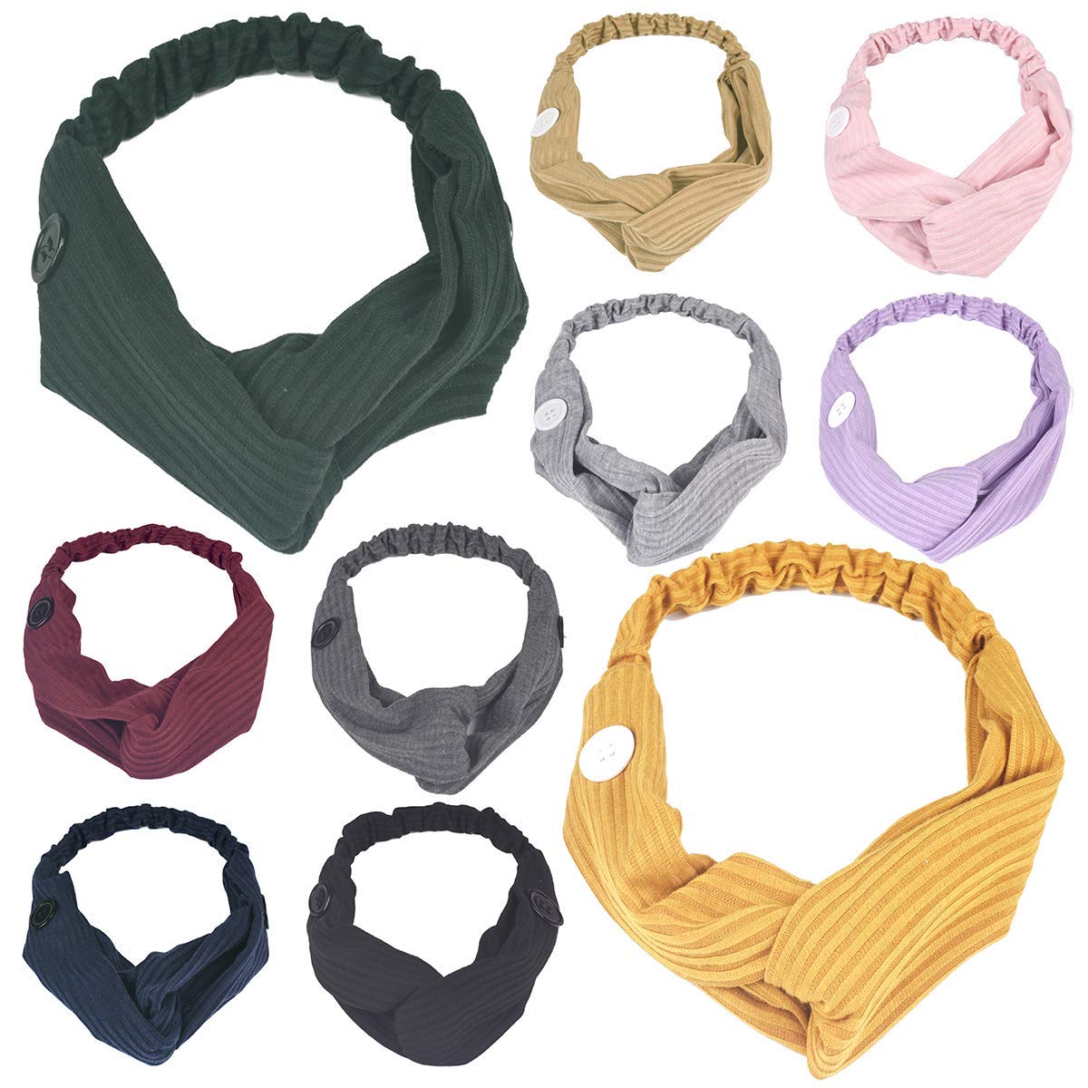 Bevisun 10 PCS Headband with Buttons for Face Mask, Headbands for Women Knotted Boho Stretchy Hair Bands, Lightweight Elastic Exercise Headband for Nurses Doctors and Women for Protect Your Ears.