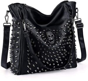 chikencall® women studded skull handbag and purses pu leather big tote crossbody shoulder bag black