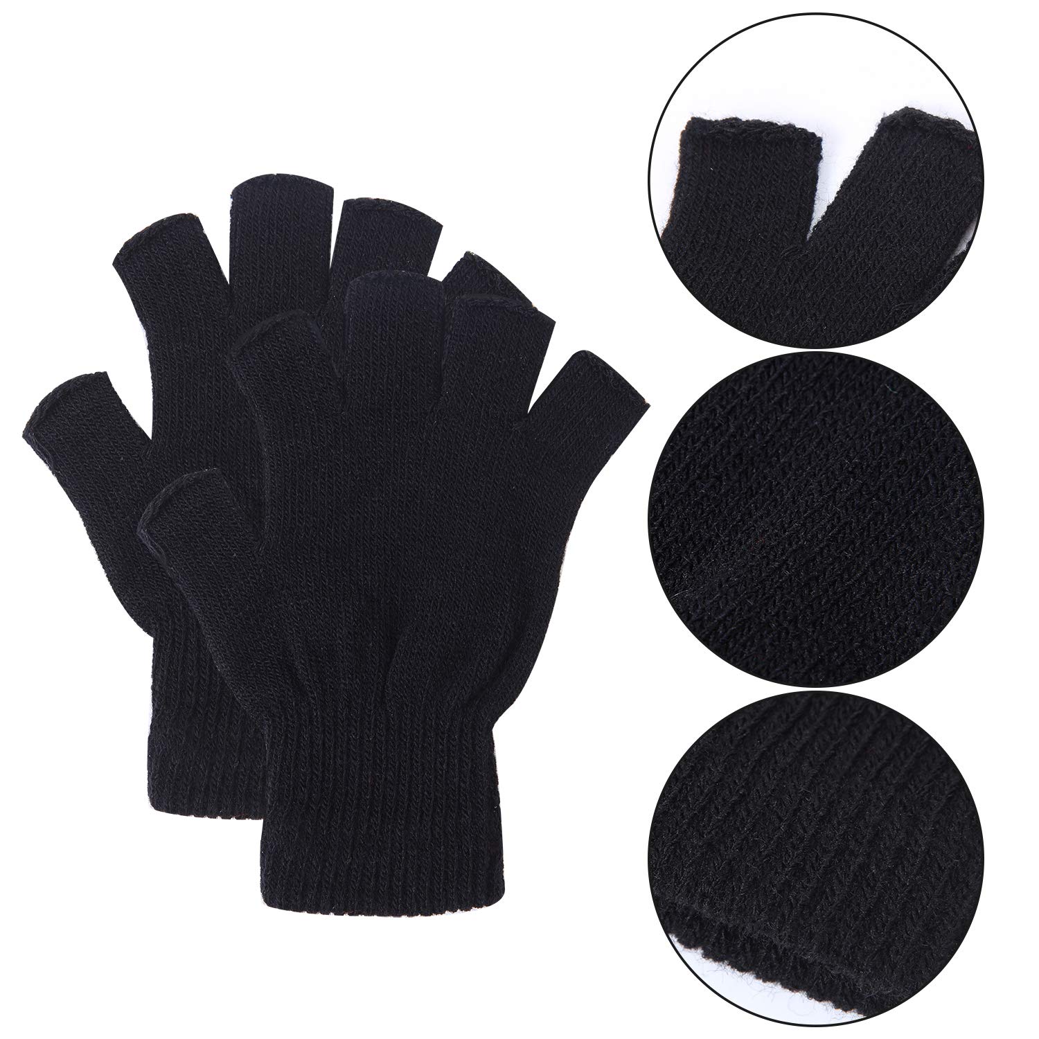 Cooraby 2 Pairs Unisex Warm Half Finger Gloves Winter Fingerless Gloves (L for Adults, M for Teens, S for Kids) (Black, Medium)