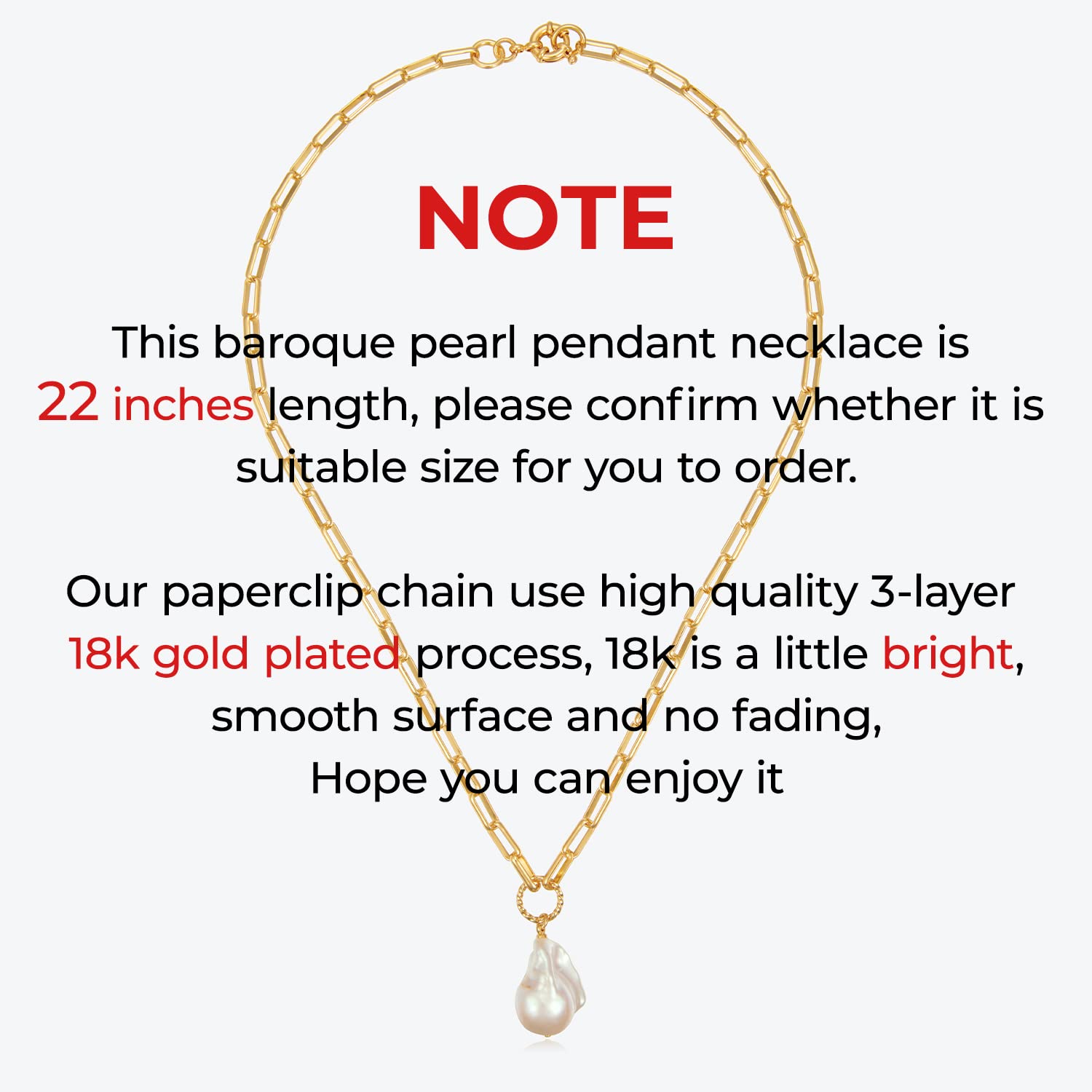 Baroque Pearls Pendant Necklaces Freshwater Cultured Pearls Necklace Pendant 18K Gold Paperclip Chain Necklaces 22inch for Women Vintage Jewelry