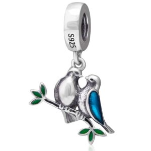 love birds on branch charm, 925 sterling silver wife husband, mom dad, girlfriend boyfriend beads, blue enamel pendant, fit pandora valentines anniversary bracelet necklace, gift for lover/couple