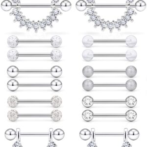 Prjndjw Silver-Tone, 16G, 9/16in(14mm) L, 8 Pairs 5mm Ball Surgical Steel Nipplerings Nipple Tongue Rings CZ Acrylic Barbell Body Piercing Jewelry