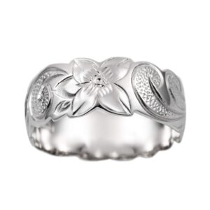 aloha jewelry company sterling silver 8mm hawaiian princess plumeria flower scroll ring stackable wedding band (silver, 7)