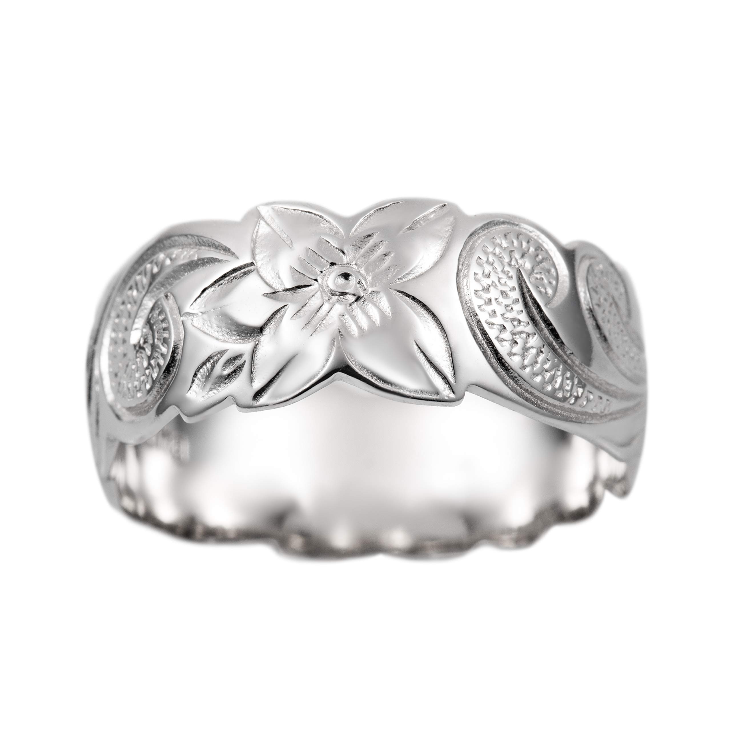 Aloha Jewelry Company Sterling Silver 8mm Hawaiian Princess Plumeria Flower Scroll Ring Stackable Wedding Band (Silver, 7)