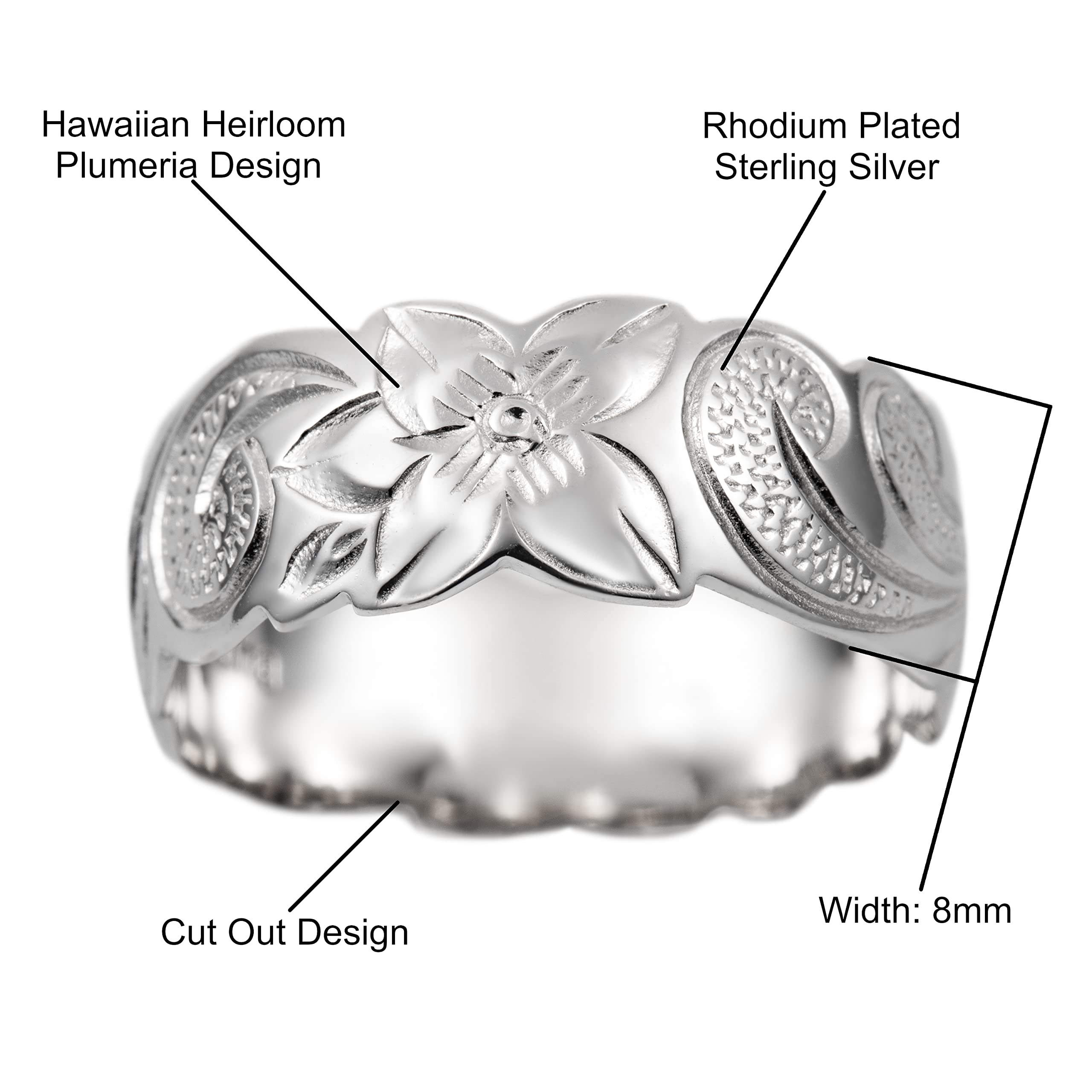 Aloha Jewelry Company Sterling Silver 8mm Hawaiian Princess Plumeria Flower Scroll Ring Stackable Wedding Band (Silver, 7)