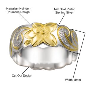 Aloha Jewelry Company Sterling Silver 8mm Hawaiian Princess Plumeria Flower Scroll Ring Stackable Wedding Band (Yellow-Gold, 9)