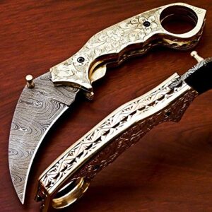 handmade damascus folding pocket knife karambit knife hunting knife handle brass steel folding with leather sheath 1083