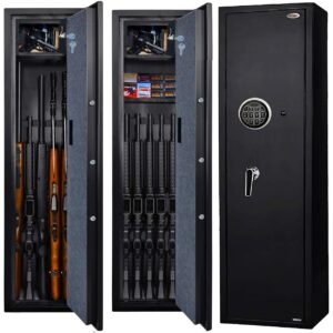 langger v gun safe for rifle, upgraded quick access 5-6 gun large rifle gun security cabinet for rifle shotgun firearms with/without optics with pistol lock box, removable storage shelf black