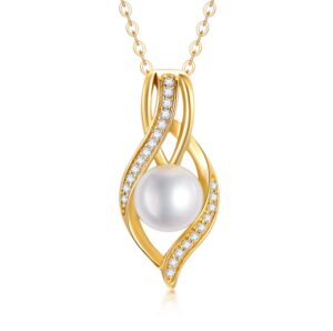 solid 14k gold pearl necklace for women freshwater cultured pearl pendant necklace with moissanite dainty jewelry anniversary for wife, mom, 16''-18''