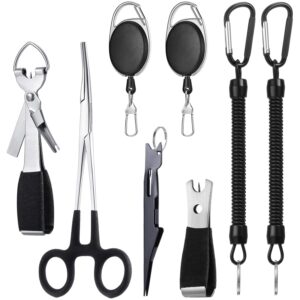 skylety 8 pieces fly fishing tools accessories include 4 in 1 fly line clipper black knot tyer fishing line nipper fishing hook remover forcep retractors keychains and fishing lanyard for anglers