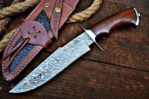 bigcat roar handmade damascus hunting knife - bushcraft fixed blade hunting knife with sheath and walnut wood handle - 14.4″ edc skinning knife - hard rock