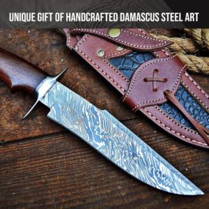 BIGCAT ROAR Handmade Damascus Hunting Knife - Bushcraft Fixed Blade Hunting Knife with Sheath and Walnut Wood Handle - 14.4″ EDC Skinning Knife - Hard Rock