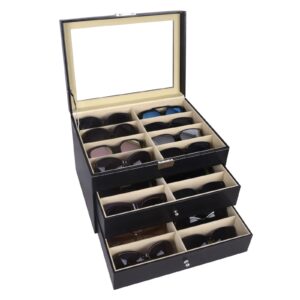 autoark leather 24 piece eyeglasses storage and sunglass glasses display drawer lockable case organizer,black,aw-095