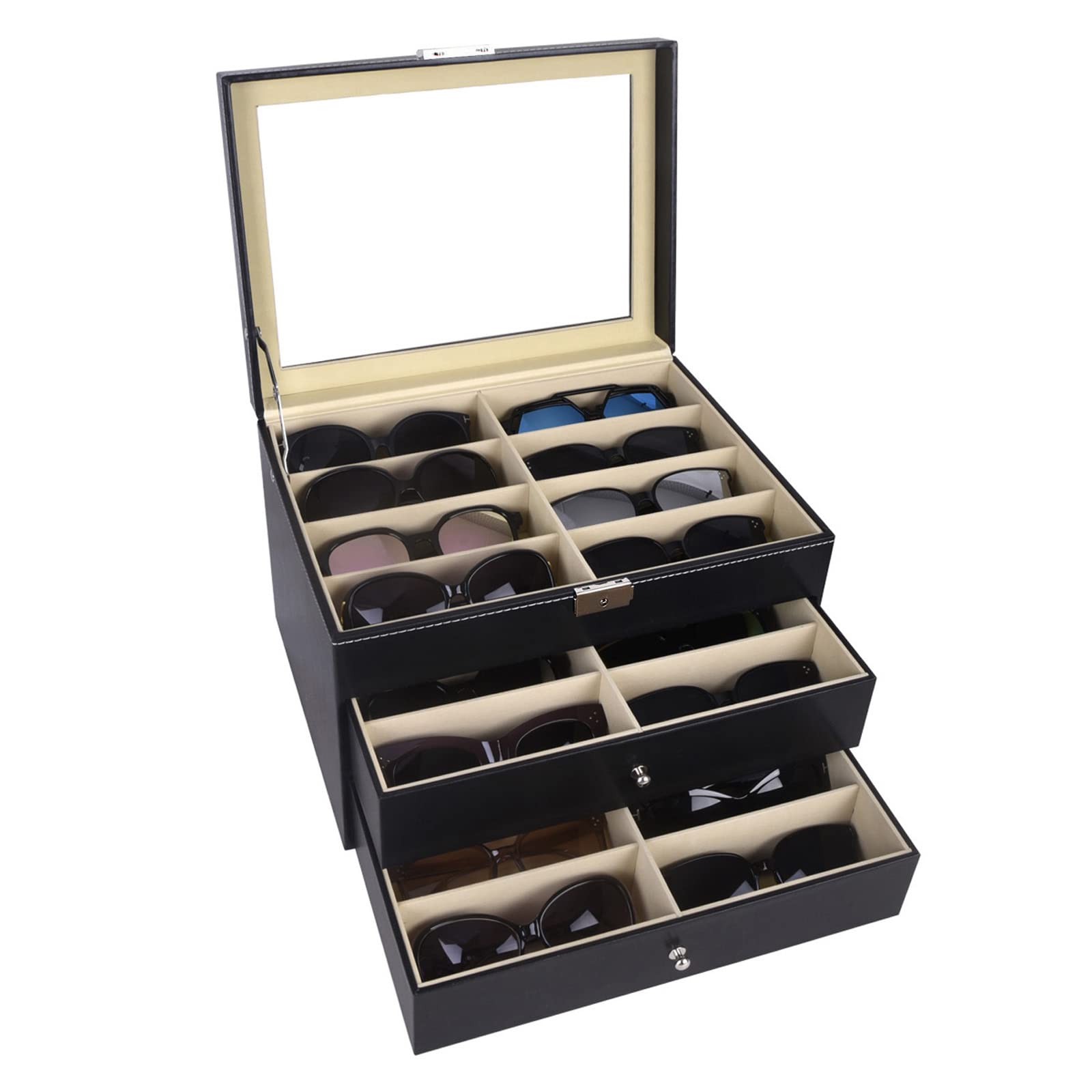 AUTOARK Leather 24 Piece Eyeglasses Storage and Sunglass Glasses Display Drawer Lockable Case Organizer,Black,AW-095