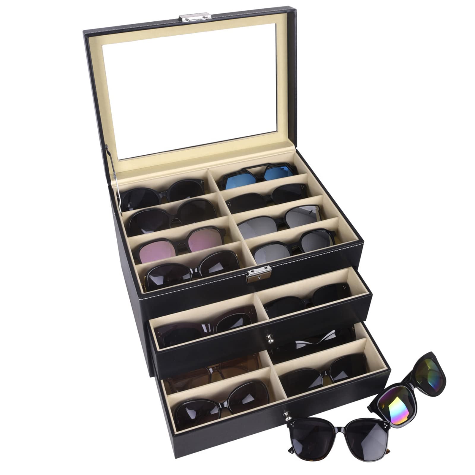 AUTOARK Leather 24 Piece Eyeglasses Storage and Sunglass Glasses Display Drawer Lockable Case Organizer,Black,AW-095