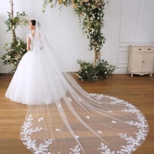 EllieHouse Women's 1 Tier Cathedral Flower Lace Ivory Wedding Bridal Veil With Metal Comb L95IV