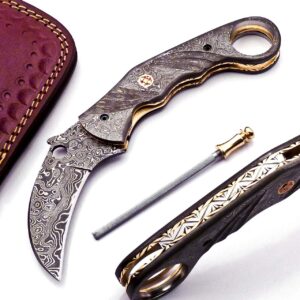 8.5" handmade damascus folding pocket knife karambit knife hunting knife handle damascus steel with leather sheath 108, 203