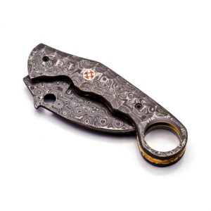 8.5" Handmade Damascus Folding Pocket Knife Karambit Knife Hunting Knife Handle Damascus Steel with Leather Sheath 108, 203