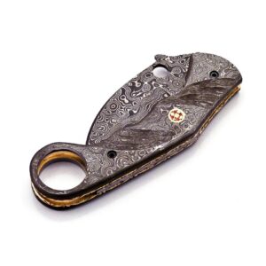 8.5" Handmade Damascus Folding Pocket Knife Karambit Knife Hunting Knife Handle Damascus Steel with Leather Sheath 108, 203